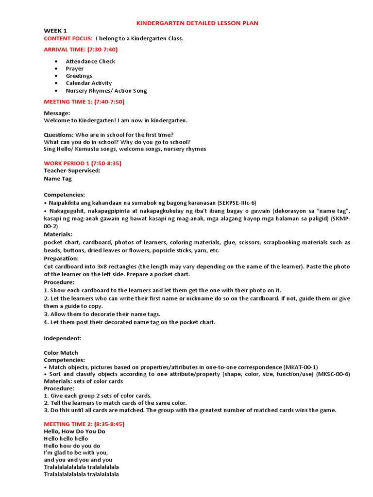 Kindergarten Week 1 Lesson Plan | PDF | Art