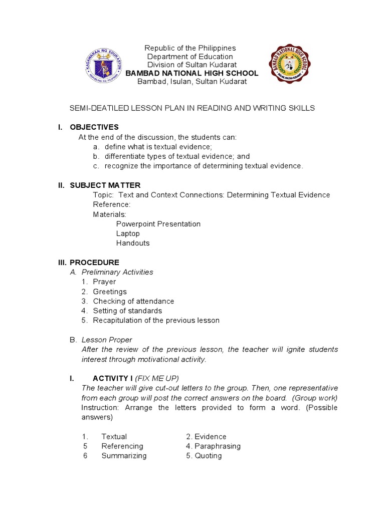 3 Lesson Plan in Textual Evidence | PDF | Career & Growth