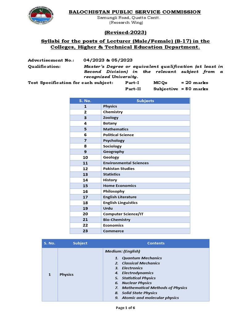 BPSC Revised Lecturer Syllabi 2023 | PDF | Psychology | Physics