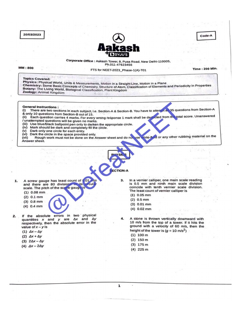 1 FTS-01 (Code-A) @aakash Test Papers 2023 | PDF