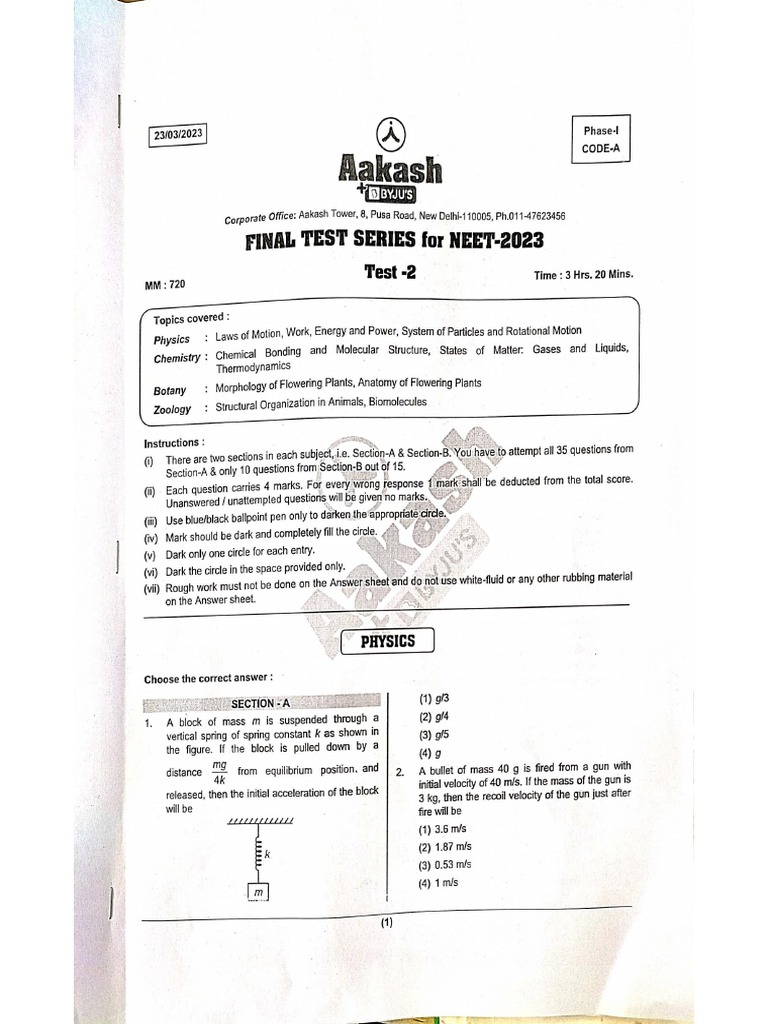 3 FTS-02 (Code-A) @aakash Test Papers 2023 | PDF 3 FTS-02 (Code-A) @aakash Test Papers 2023 | PDF