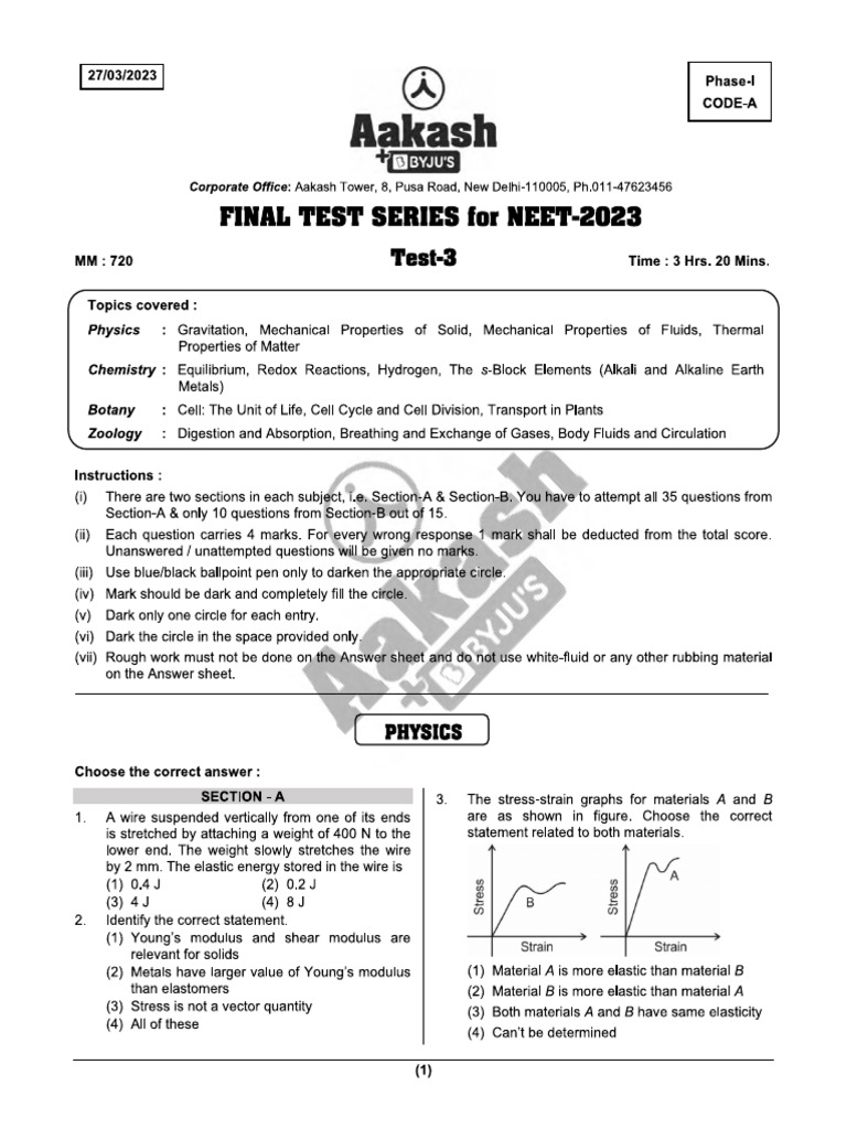 5 FTS-03 (Code-A) @aakash Test Papers 2023 | PDF