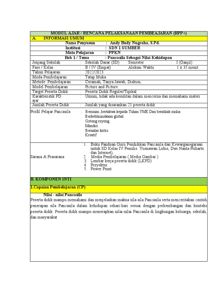MODUL AJAR (Rencana Aksi 1) Siklus 1 Sila 1,2 Dan 3 | PDF