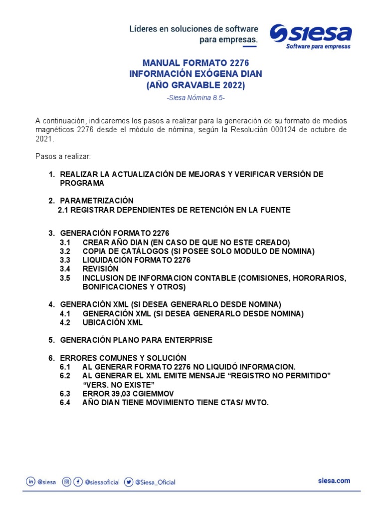 MANUAL - FORMATO 2276 Siesa 8.5 (AÑO GRAVABLE 2022) - V4 - Nómina 8.5 | PDF