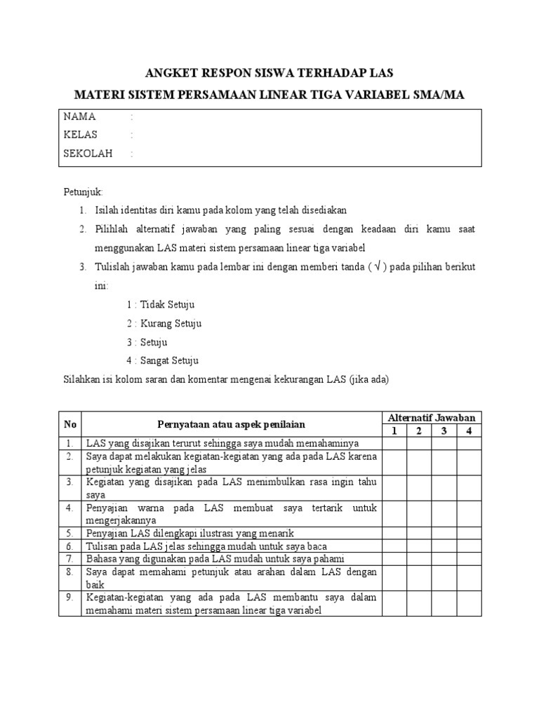 Lembar Angket Respon Siswa | PDF