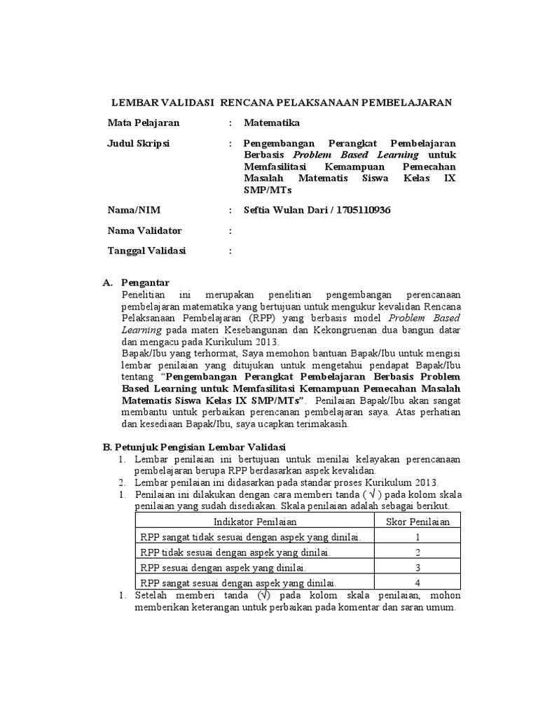 Lembar Validasi RPP 1 | PDF