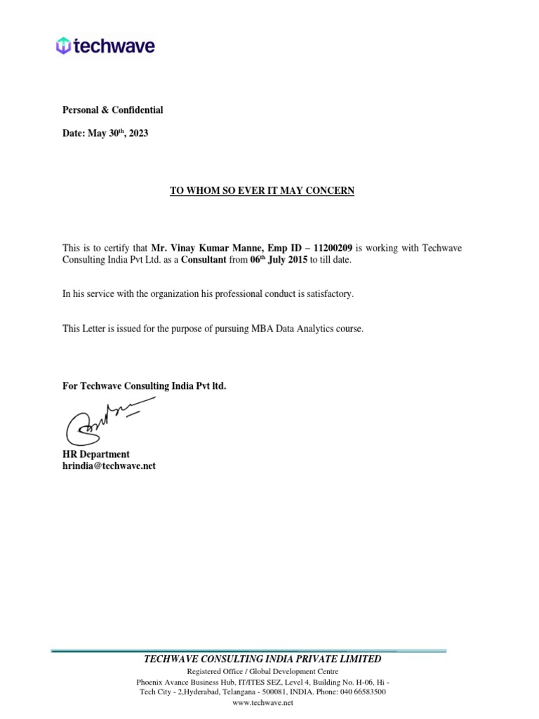 Vinay Kumar Manne - Exp Letter | PDF