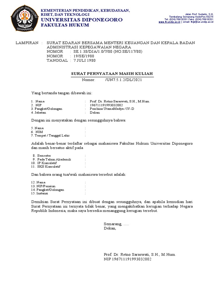 Surat Pernyataan Masih Kuliah U Tunjangan Gaji Ort 2 | PDF