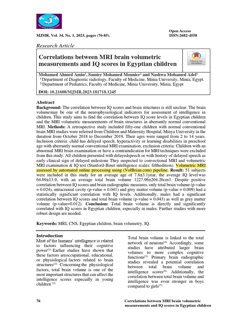 Correlations Between MRI Brain Volumetric Measurements and IQ Scores ...