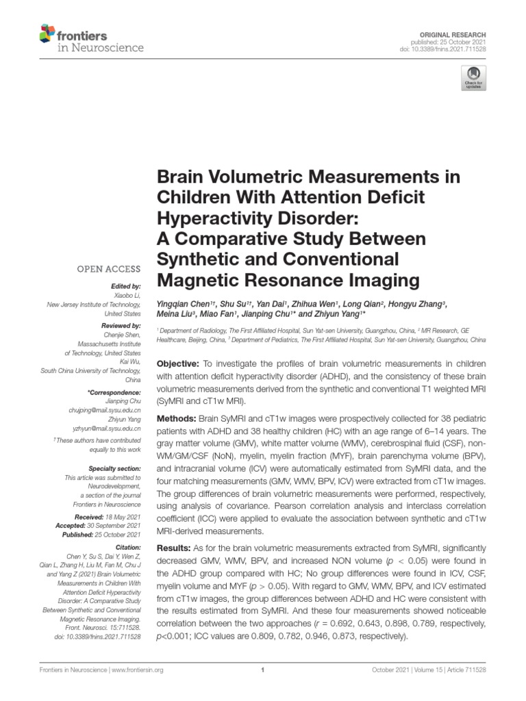 Brain Volumetric Measurements in Children With Attention Deficit Hyperactivity Disorder A ...