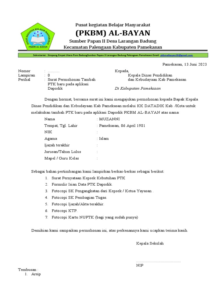 Surat Permohonan Tambah PTK | PDF