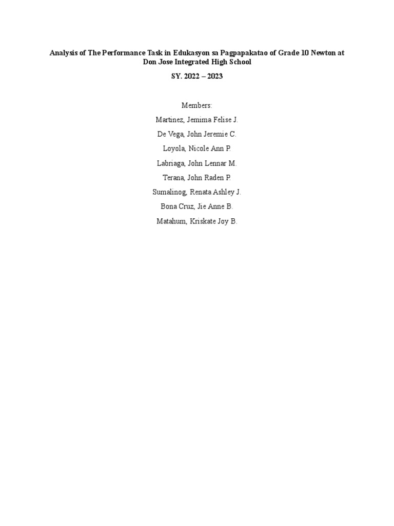 Analysis of The Performance Task in Edukasyon Sa Pagpapakatao of | PDF