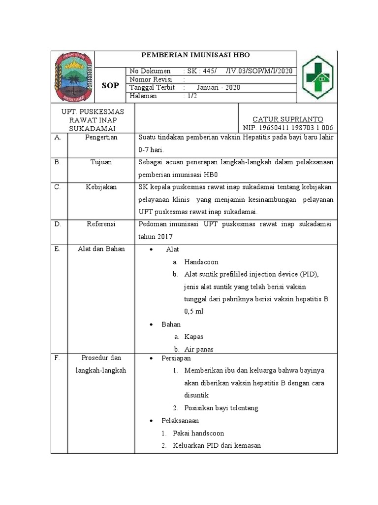 SOP Pemberian Imunisasi HB0 2020 | PDF