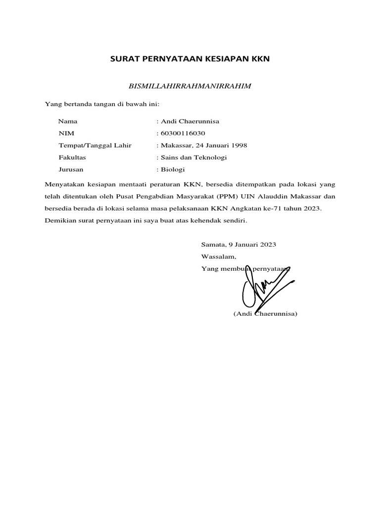 Surat Pernyataan Kesiapan Kkn - Andi Chaerunisa | PDF