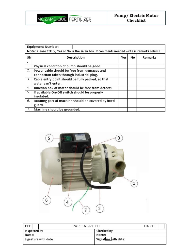 Checklist For Equipment Inspection Electrical Pump Motor | PDF | Business
