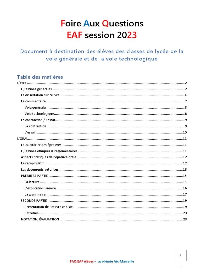 FAQ EAF 2023 - Élèves - Écrit Et Oral - 2023 | PDF