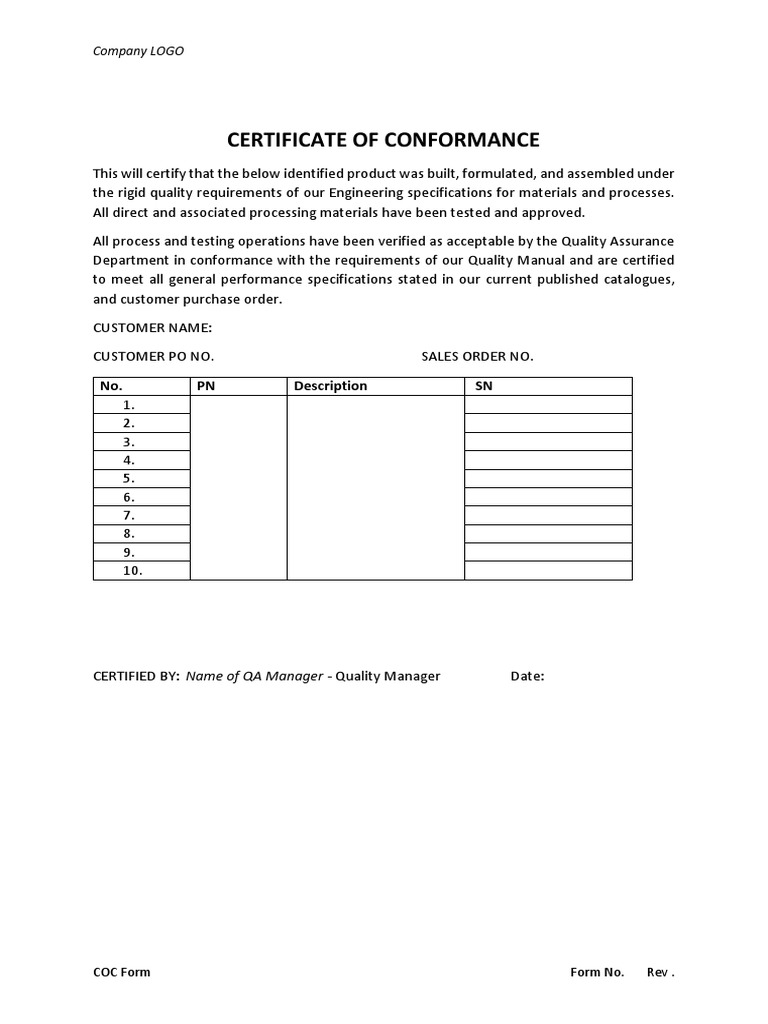 CERTIFICATE OF CONFORMANCE - Sample | PDF
