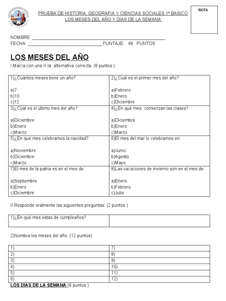 Prueba Historia Los Meses Del Año y Dias de La Semana | PDF