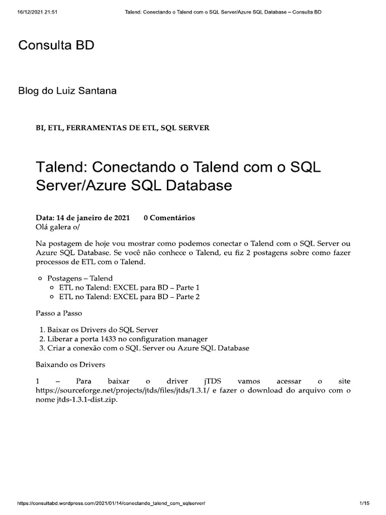 Talend Conectando O Talend Com O Sql Server Azure Sql Database Pdf