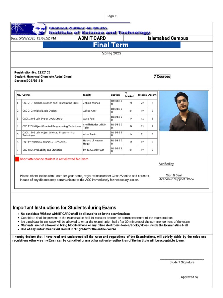 SZABIST Admit Card Spring2023 | PDF