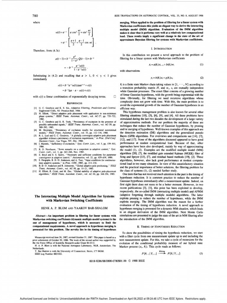 The Interacting Multiple Model Algorithm For Systems With Markovian Switching Coefficients Pdf