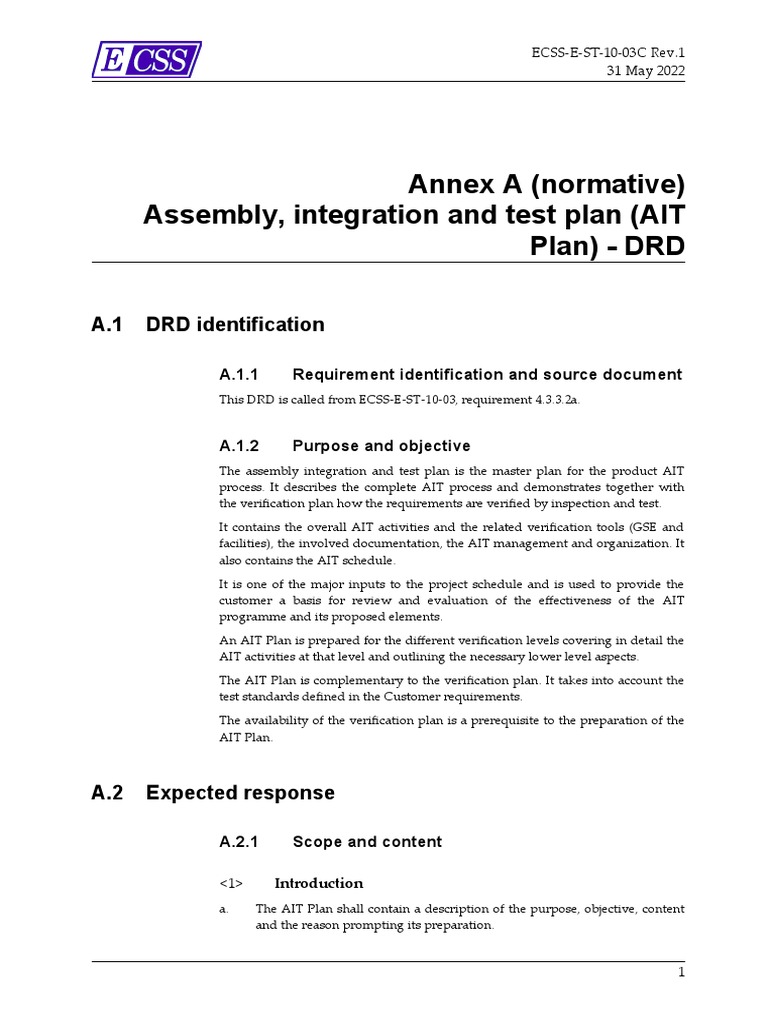 ECSS E ST 10 03 Rev.1 (31may2022) - Annex - A - (AIT Plan) | PDF ...