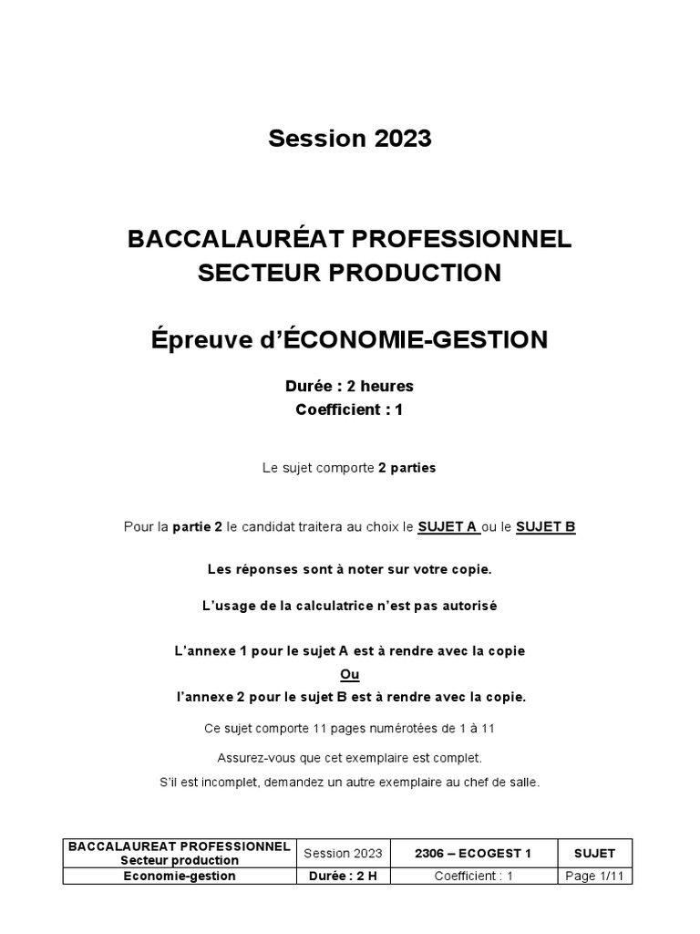 Épreuve Économie-Gestion Bac Pro 2023 | PDF
