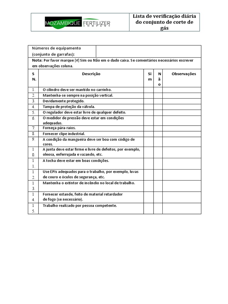Checklist For Equipment Inspection Gas Cutting Set | PDF