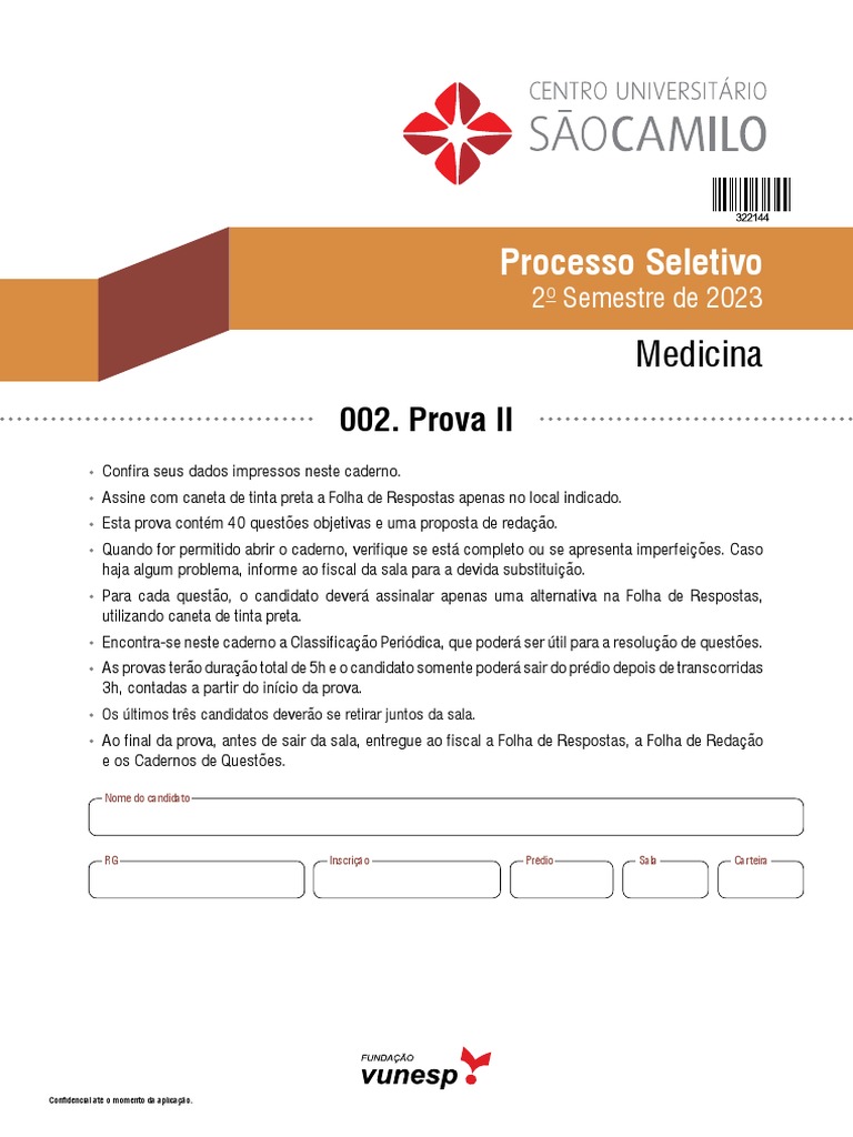 Prova São Camilo Med 2023 | PDF