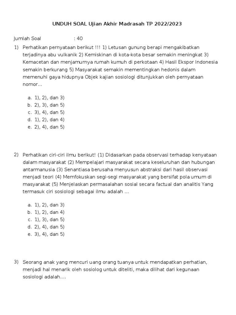 Lembar Soal Ujian Akhir Madrasah TP 2022 - 2023 | PDF