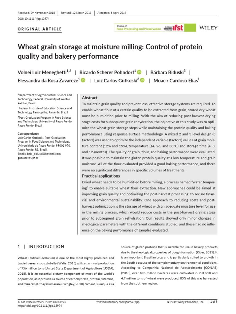 Whaet Grain Storage at Moisture Milling Control Problem and Baking ...