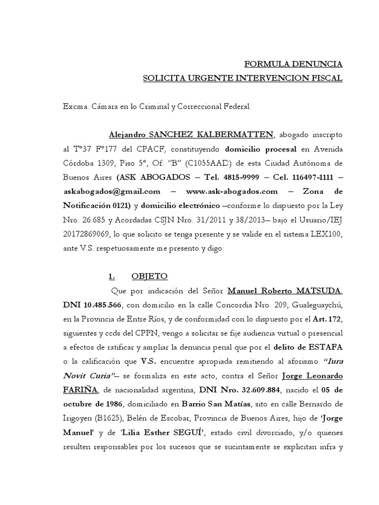 Formula Denuncia Penal - Delito Estafa - Fariña Leonardo - 13.06.2023 | PDF