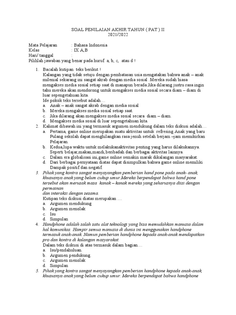 Soal Pat BHS Ind SMT 2 2022 | PDF