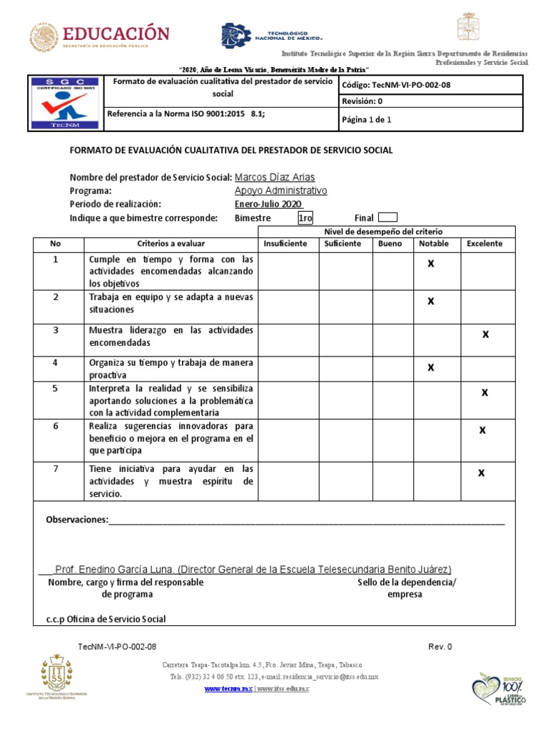 Formato De Evaluacion Cualitativa Del Prestador De Servicio Social 1 Pdf