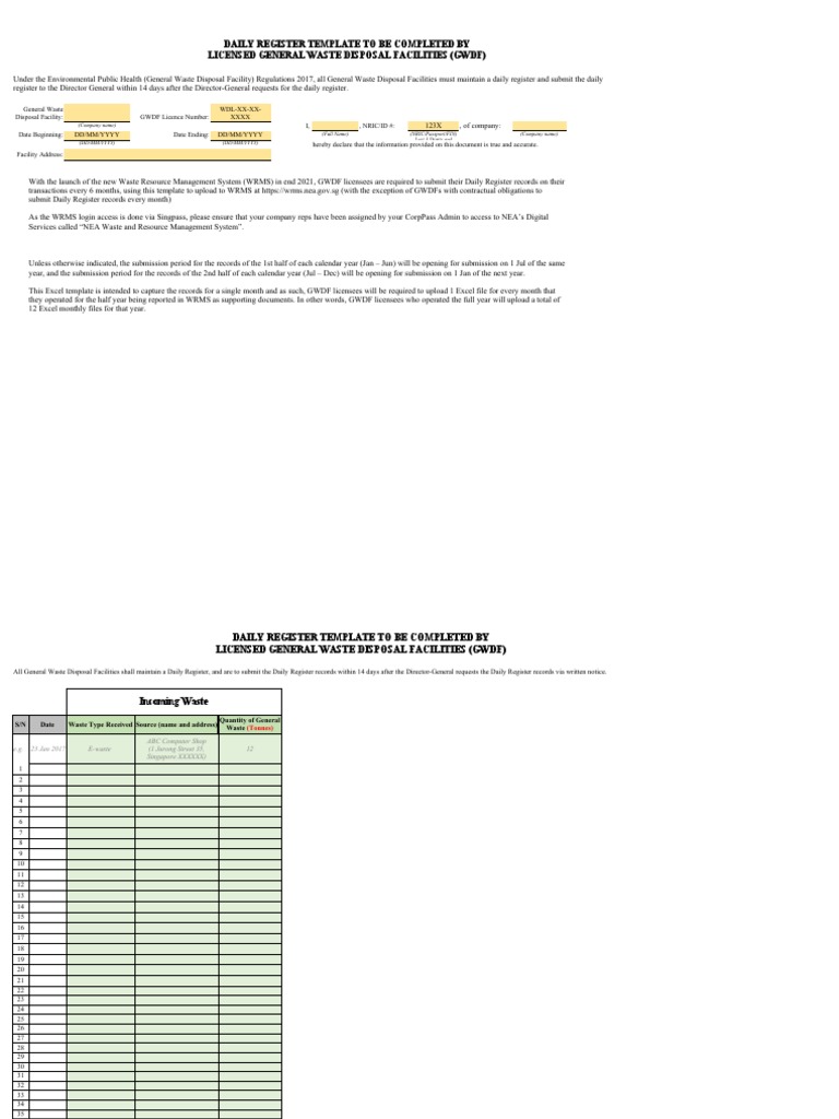 GWDF Daily Waste Disposal Register Template | PDF | Waste | Electronic ...