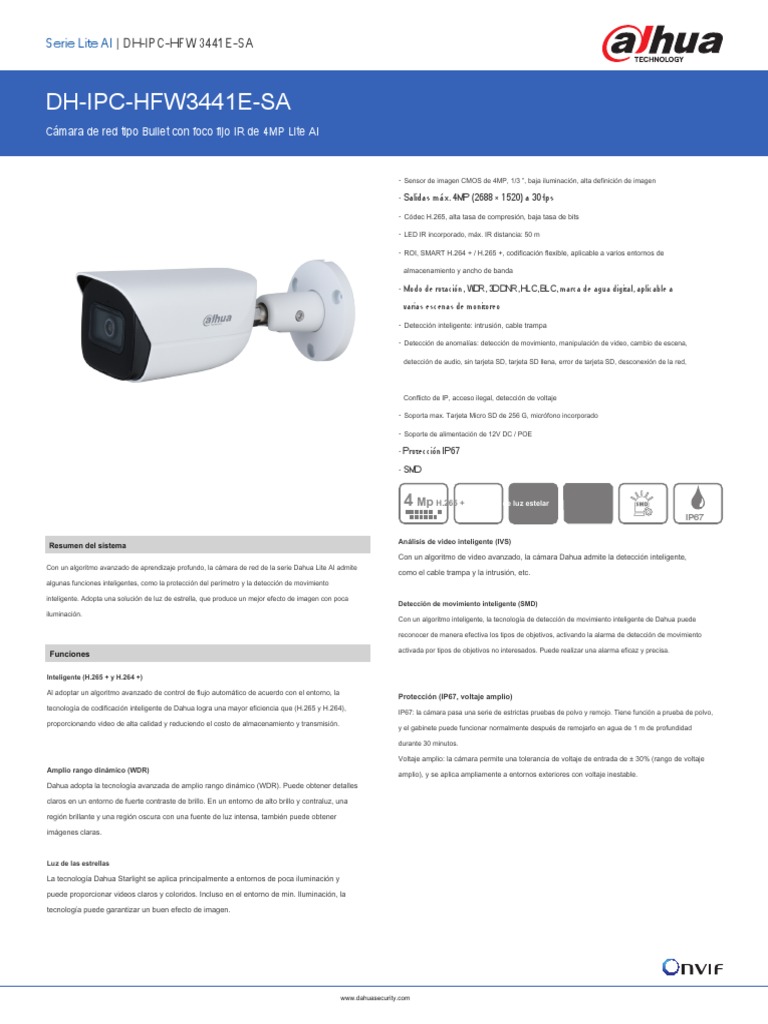 Dahua Hfw3441e Sa Camara Ip Bullet Ficha Tecnica Español | PDF