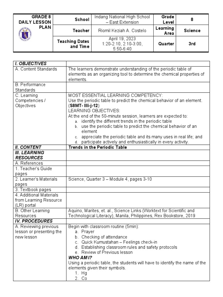 Trends in the Periodic Table for Grade 8 | PDF | Atomic Nucleus | Electron