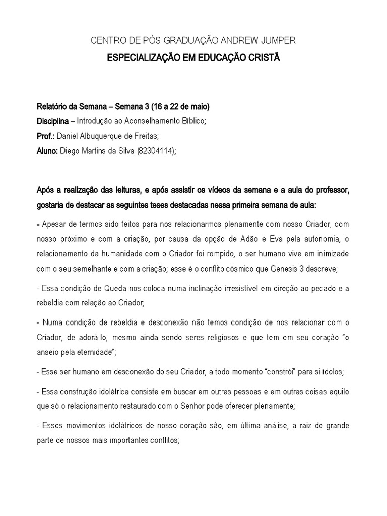 Relatório Da Semana - Semana 3 | PDF | Idolatria | Deus