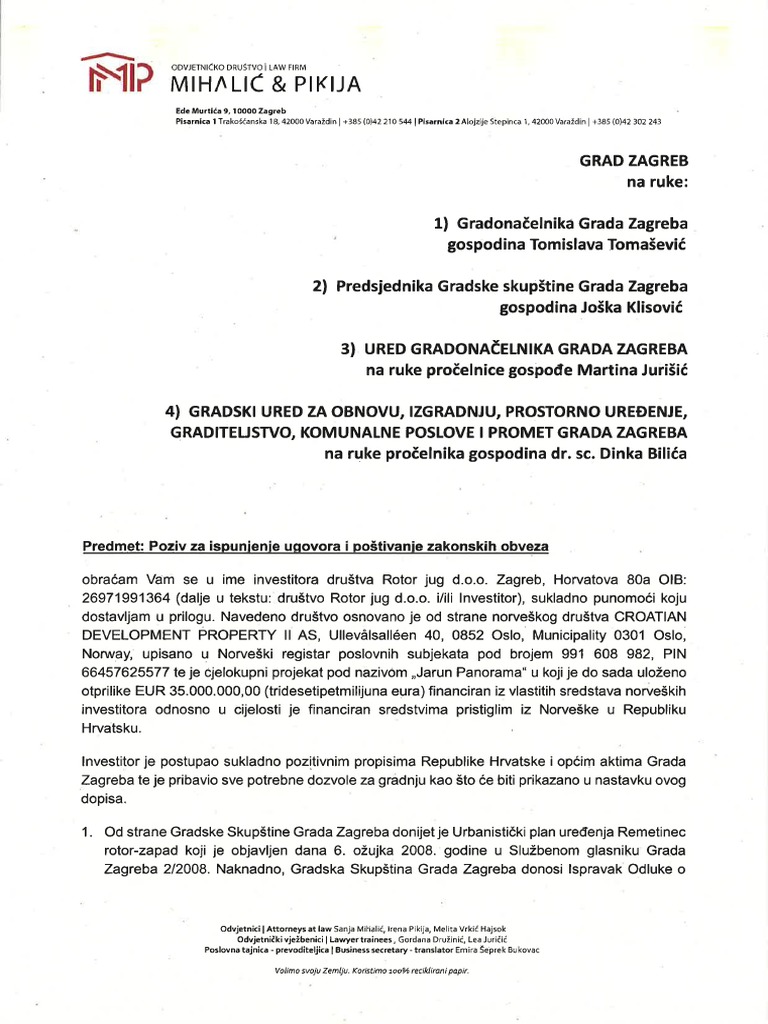 Dopis Odvjetničkog Društva Mihalić & Pikija Kojim Pozivaju Grad Zagreb ...