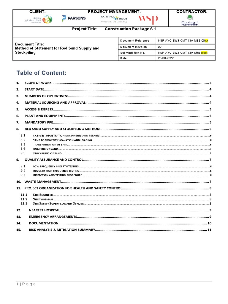 Method Statement for Red Sand Supply and Stockpiling | PDF