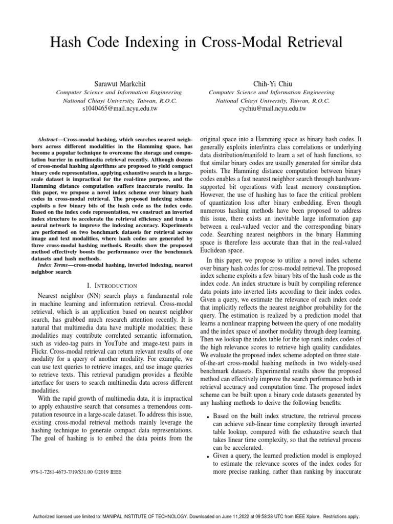 Hash Code Indexing In Cross Modal Retrieval Pdf Database Index Information Retrieval