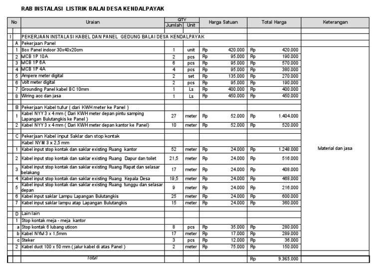 RAB Instalasi Listrik Balai Desa | PDF | Sains & Matematika
