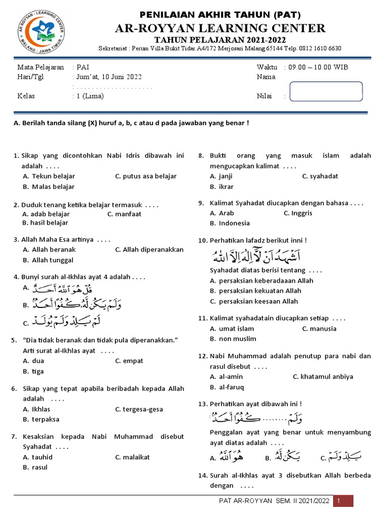 Soal PAI PAT Kelas 1 | PDF