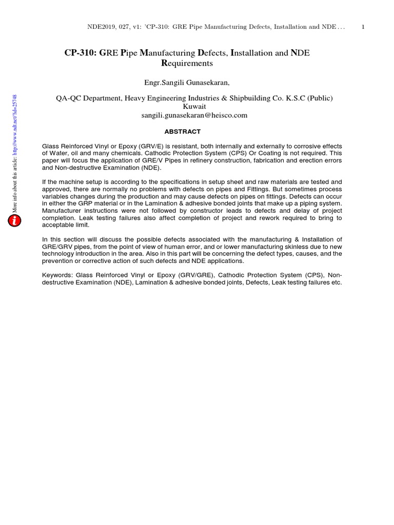 GRE Pipe Manufacturing Defects Installation and NDE Requirements | PDF ...