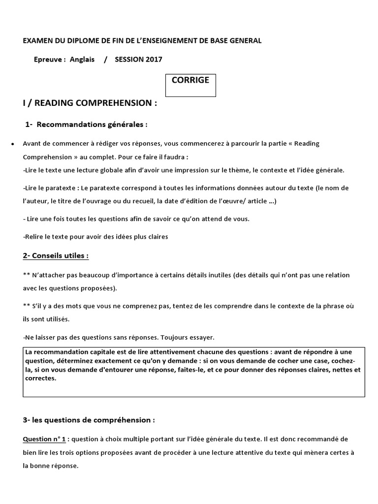 Epreuve D'anglais - Concours 9ème Année - 2017 - Corrigé | PDF