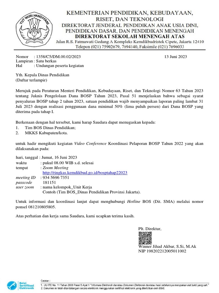 SURAT UNDANGAN - Zoom Meeting - Koordinasi Pelaporan BOSP Tahap 1 | PDF SURAT UNDANGAN - Zoom Meeting - Koordinasi Pelaporan BOSP Tahap 1 | PDF