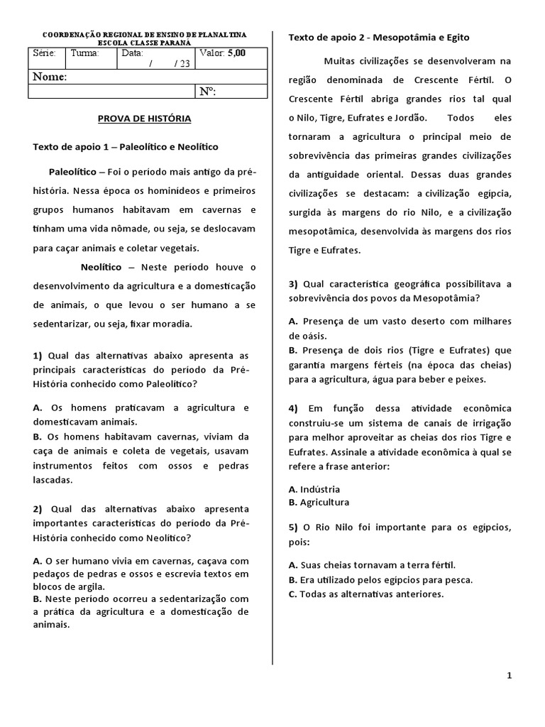 Prova Adaptada História 6º Ano Pdf