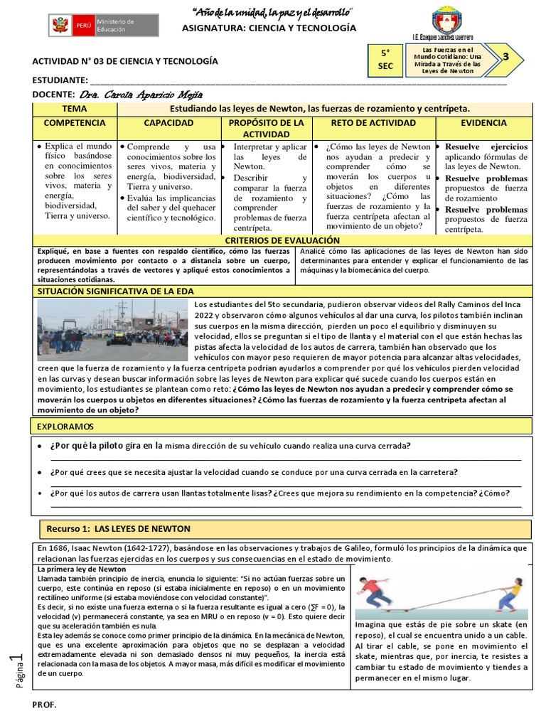 5° SEC. EDA 3 SEMANA 2 CYT Explica 2023 Estudiando Las Leyes de Newton, Las Fuerzas de ...