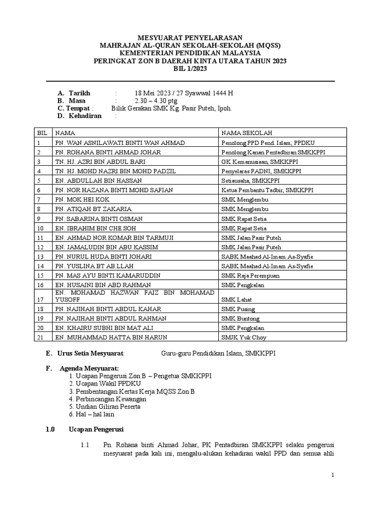 MINIT MESYUARAT PENYELARASAN MQSS ZON B SMKKPPI 2023 18 Mei 2023 | PDF