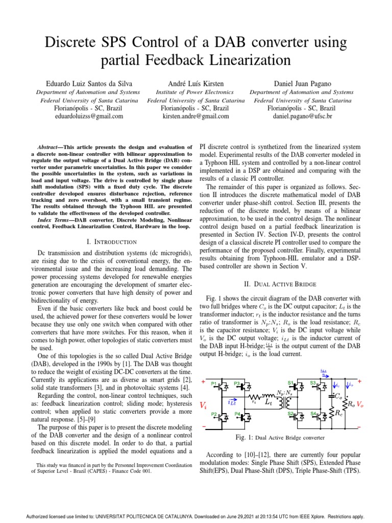 Discrete SPS Control of A DAB Converter Using Partial Feedback Linearization | PDF